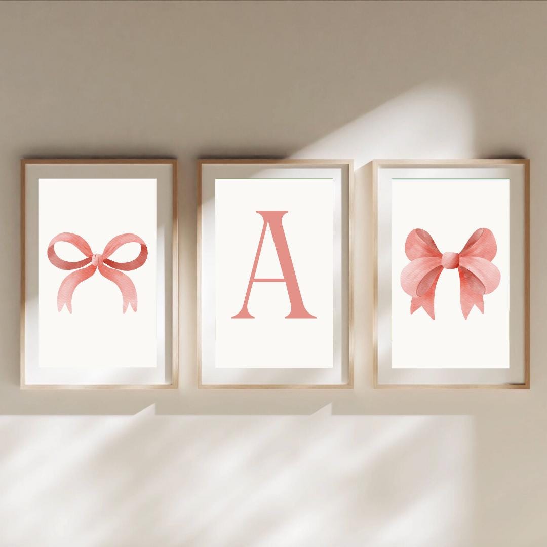 Editable Pink Coquette Bows Custom Initial Wall Art, Watercolor ...