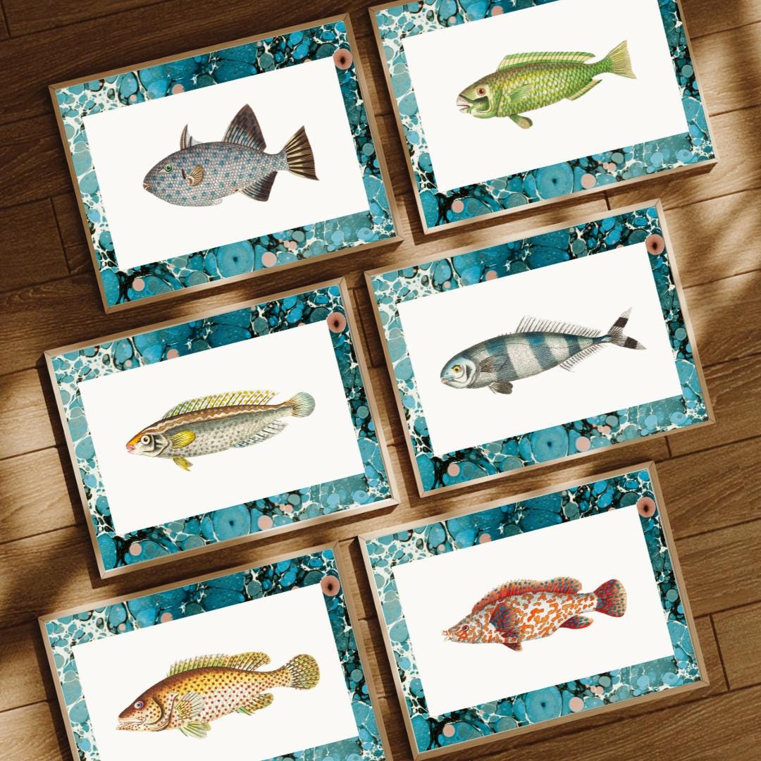 Botanical Fish Art Prints Set: Blue Marble Matting, Grandmillennial ...