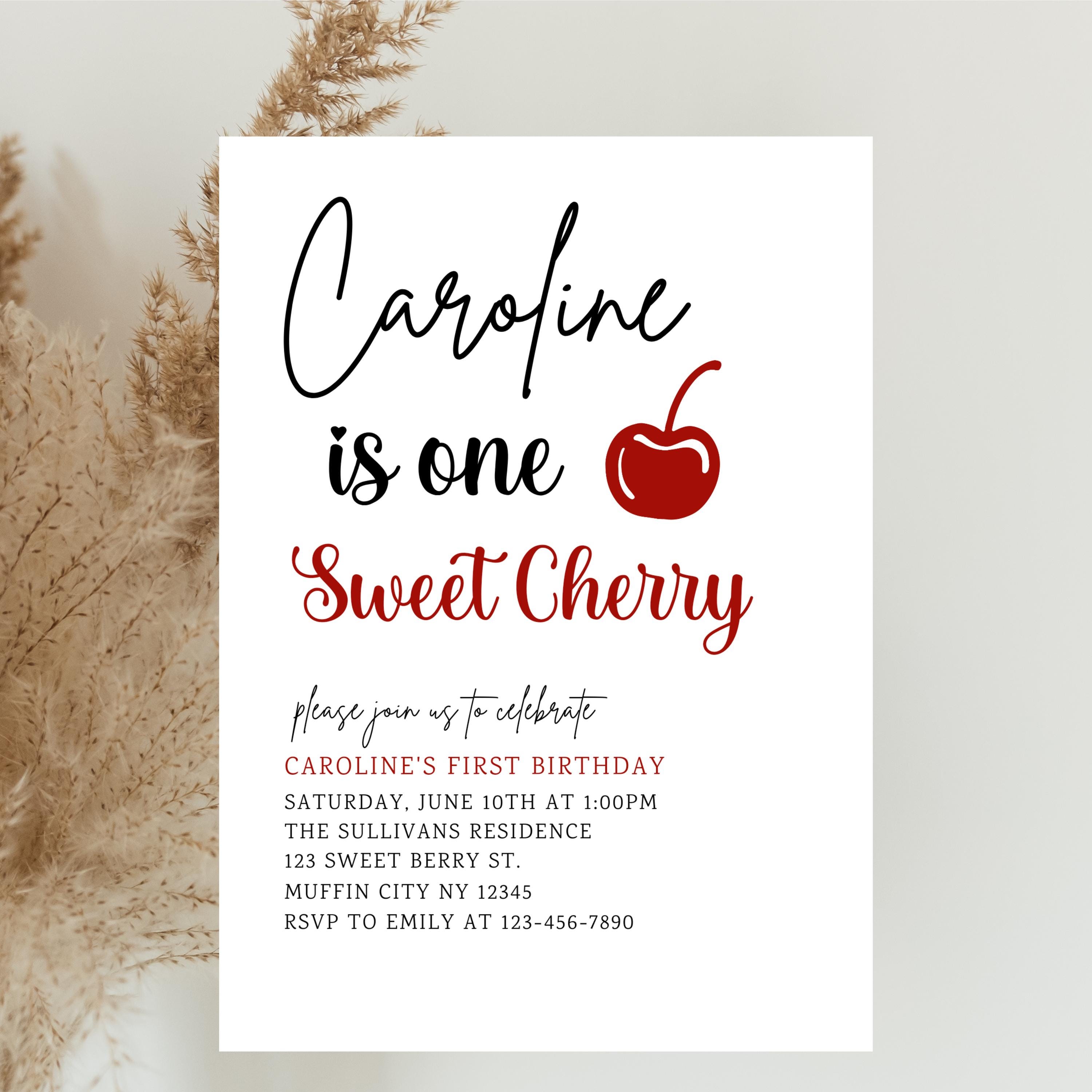 Cherry First Birthday Invitation , Cherry Sweet One, Cherry Berry Theme ...