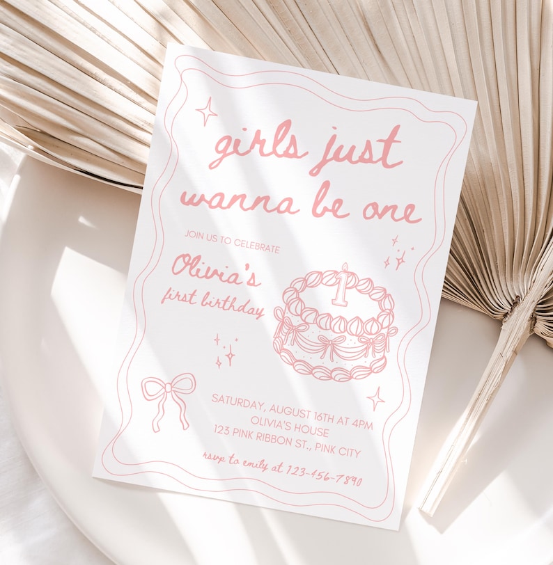 Editable Girls Just Wanna Be One Invite, Coquette Bow Girl 1st Birthday ...