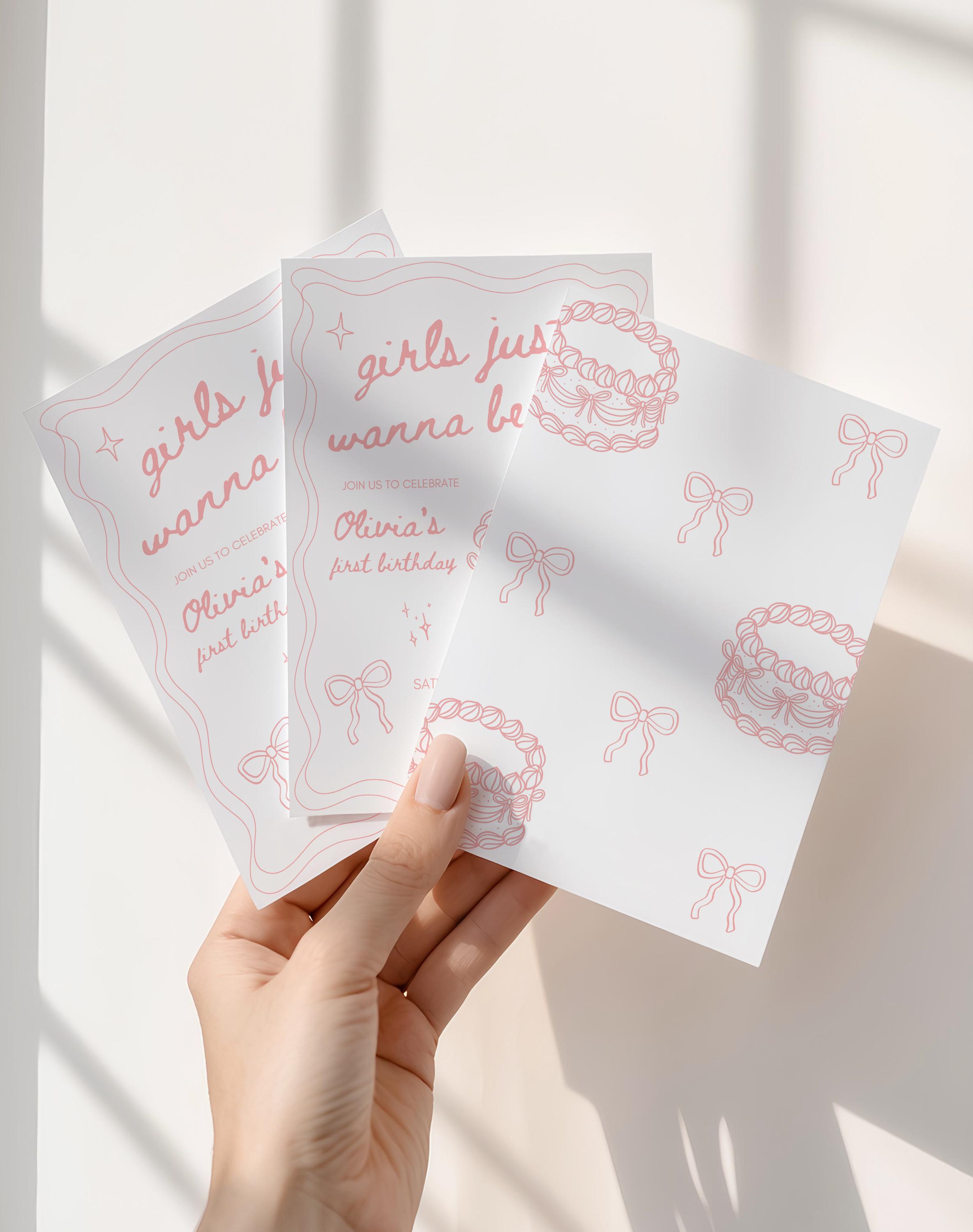 Editable Girls Just Wanna Be One Invite, Coquette Bow Girl 1st Birthday ...