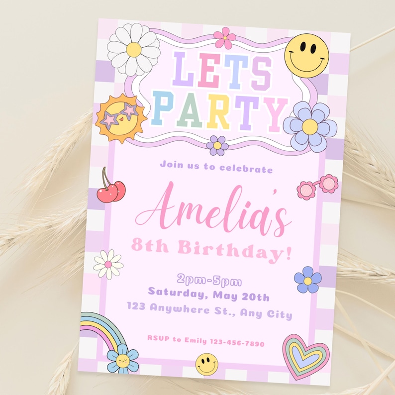 Editable Preppy Varsity Patch Letter Invitation, Lets Party Smiley Face ...