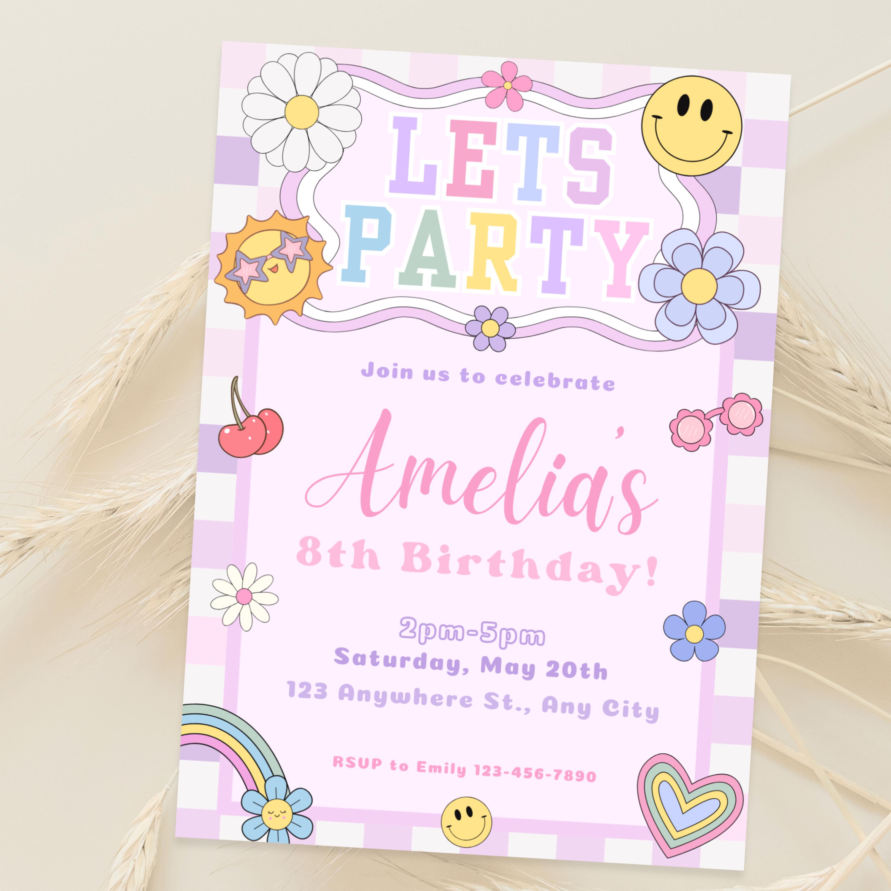 Editable Preppy Varsity Patch Letter Invitation, Lets Party Smiley Face ...