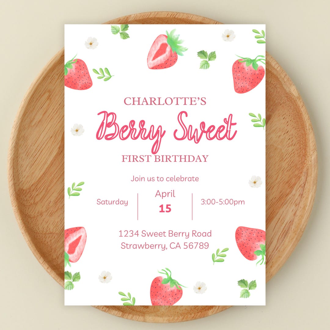 Editable Berry Sweet First Birthday Invitation, Girl 1st Birthday ...