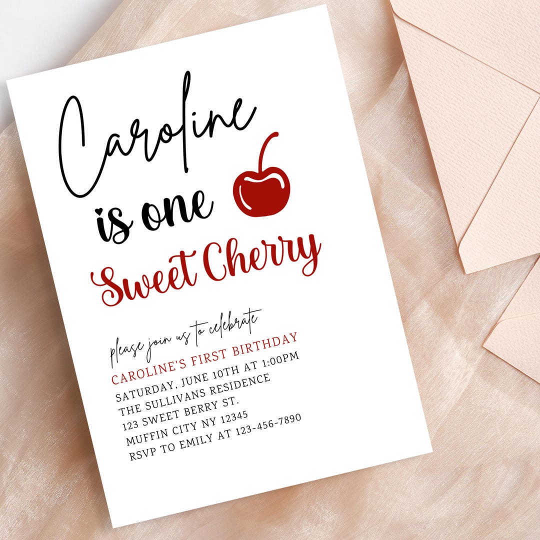Cherry First Birthday Invitation , Cherry Sweet One, Cherry Berry Theme ...