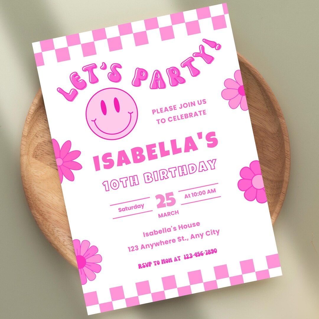 Editable Pink Smiley Face Invite Template, Retro Smiley Face Girl ...