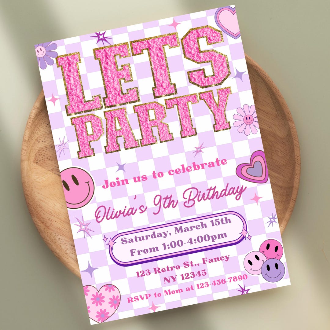 Pink Patch Letters Birthday Party Invitation Template, Preppy Patch ...