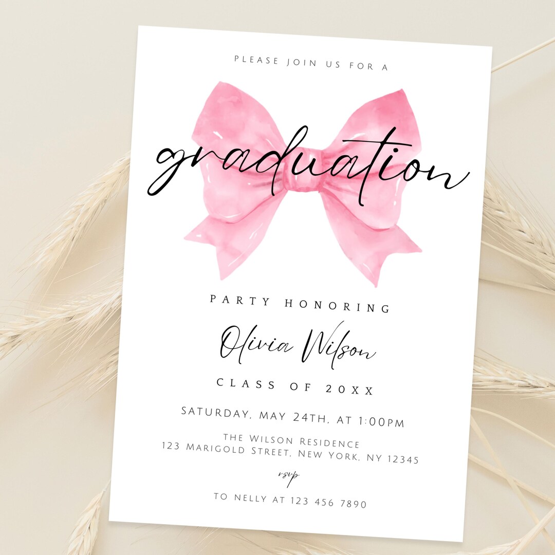 Editable Pink Bow Graduation Invitation, Coquette Graduation Pink Bow ...