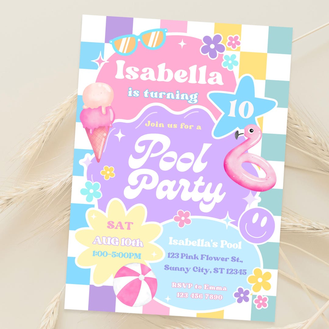 Editable Groovy Pool Party Birthday Invitation, Checkered Smiley Pool ...