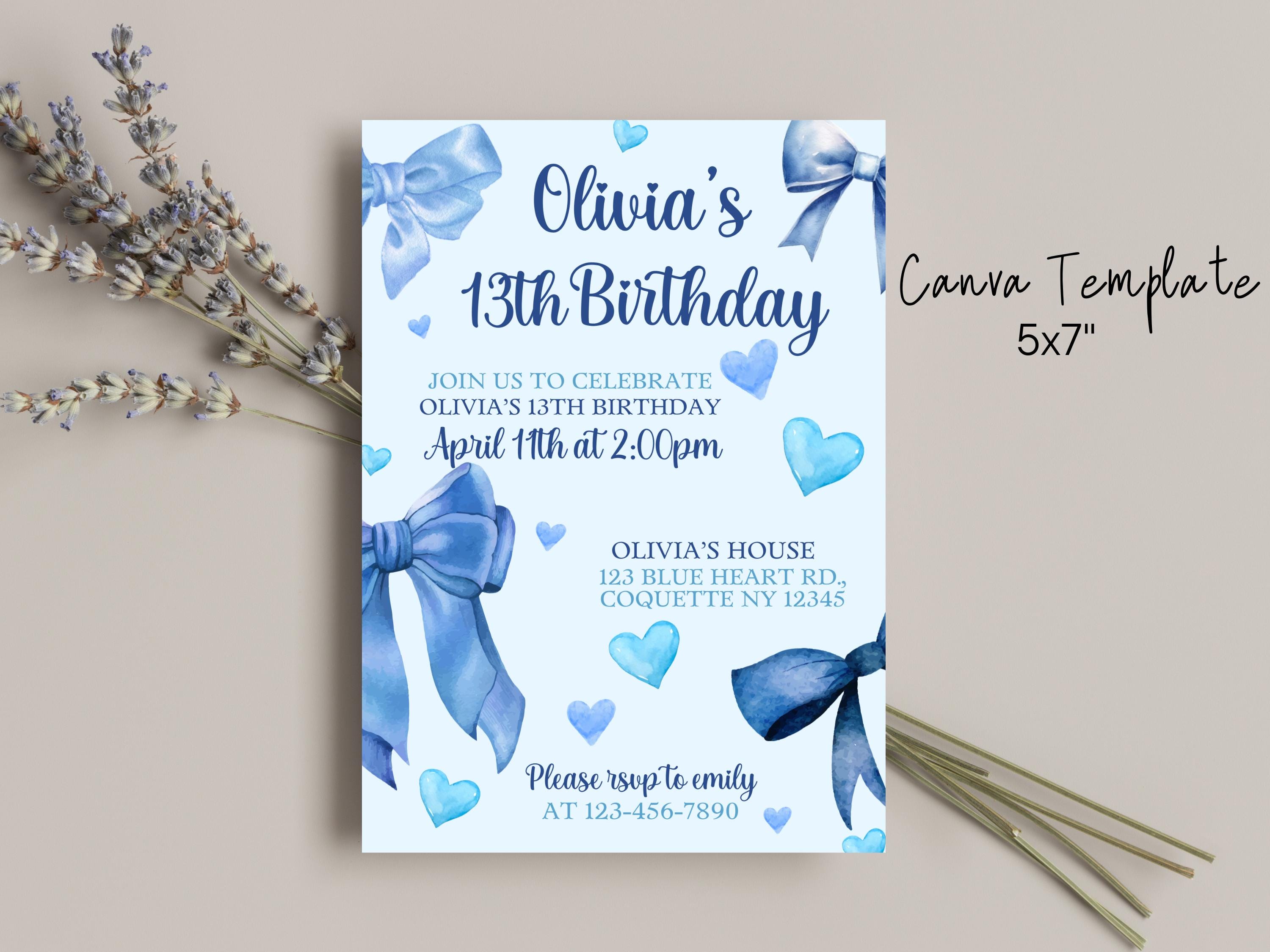 Blue Bow Birthday Invitation, Coquette Birthday Bow Invite, Bow ...