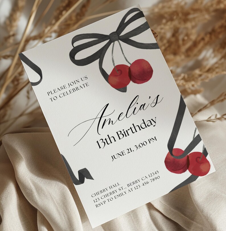 Black Bow Cherry Birthday Invitation, Cherries Bow Invite, Black Bow ...