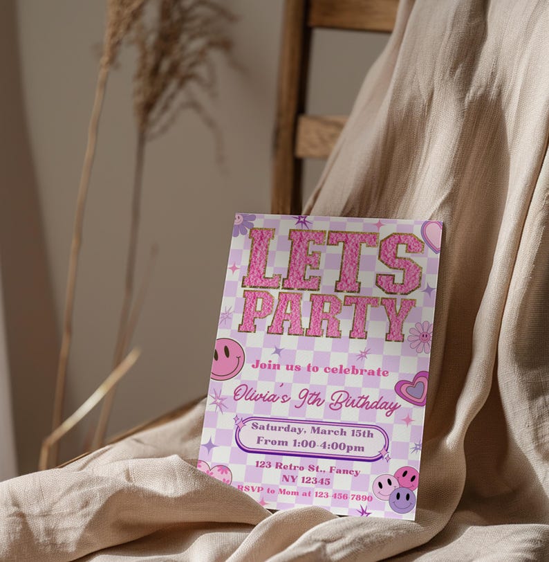 Pink Patch Letters Birthday Party Invitation Template, Preppy Patch ...