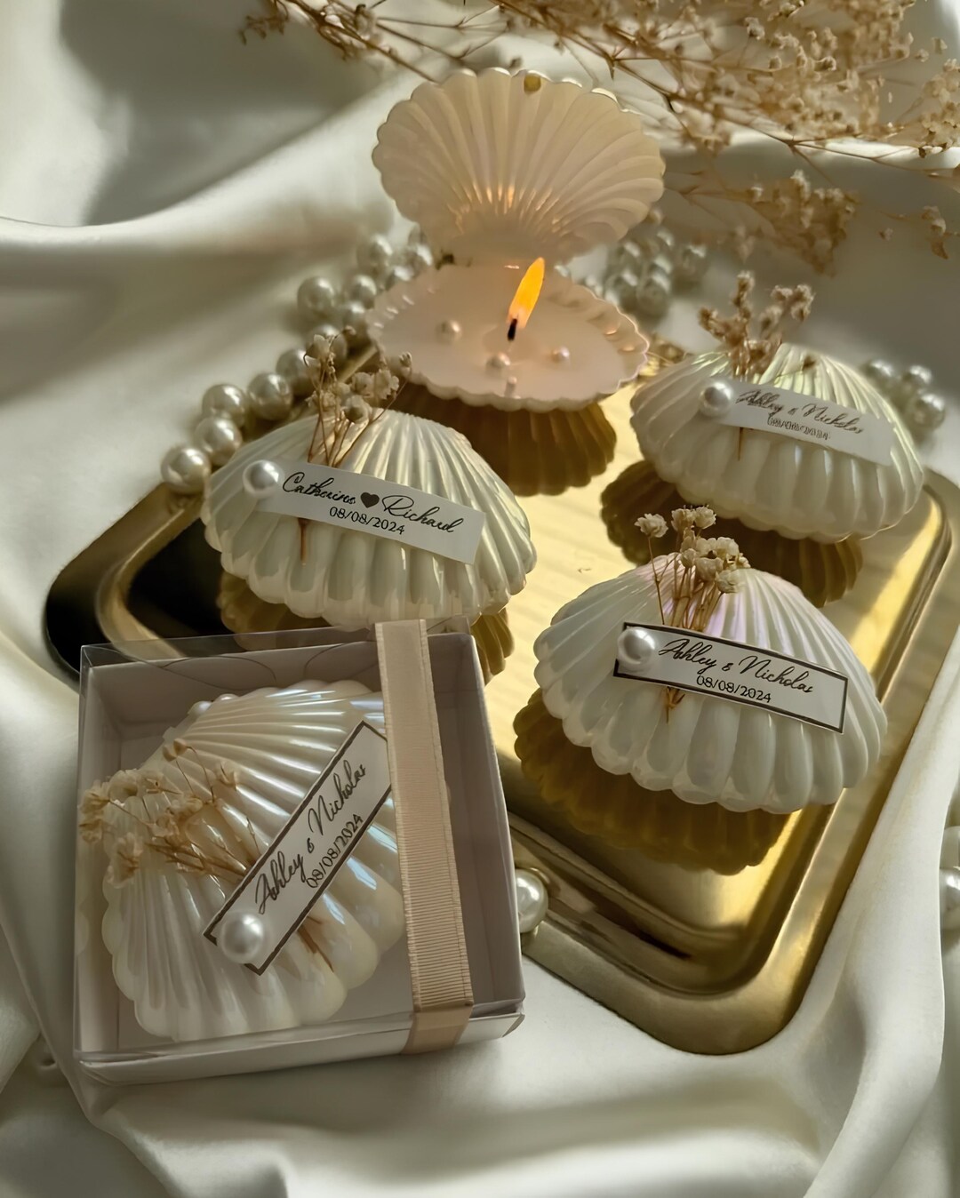 Grogren Ribbon Boxed Oyster Candle Wedding Engagement Bridal Shower ...