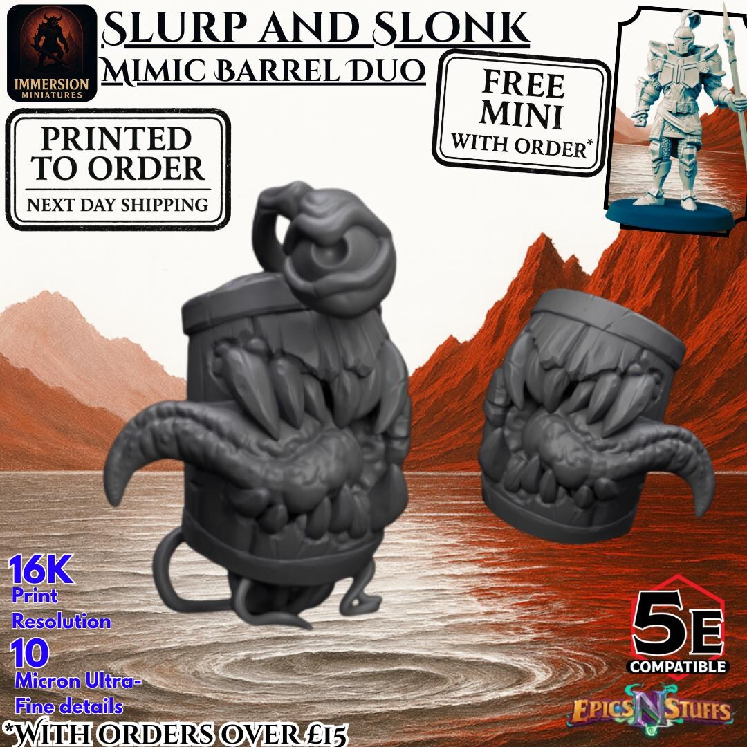 Mimic Barrel Duo - 28mm 32mm Scale Resin Fantasy Monster Miniatures for ...