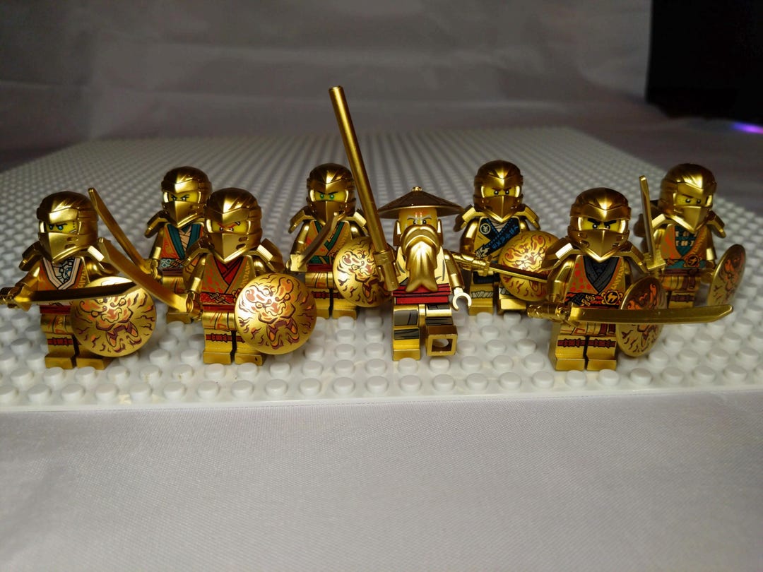 Ninjago 8x Gold Minifigures With Shields, Weapons and Helmets Custom ...