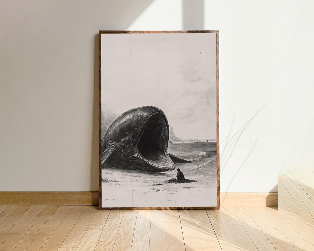 Jonah and the Whale Art Print, Jesus Vintage Christian Drawing, Neutral ...