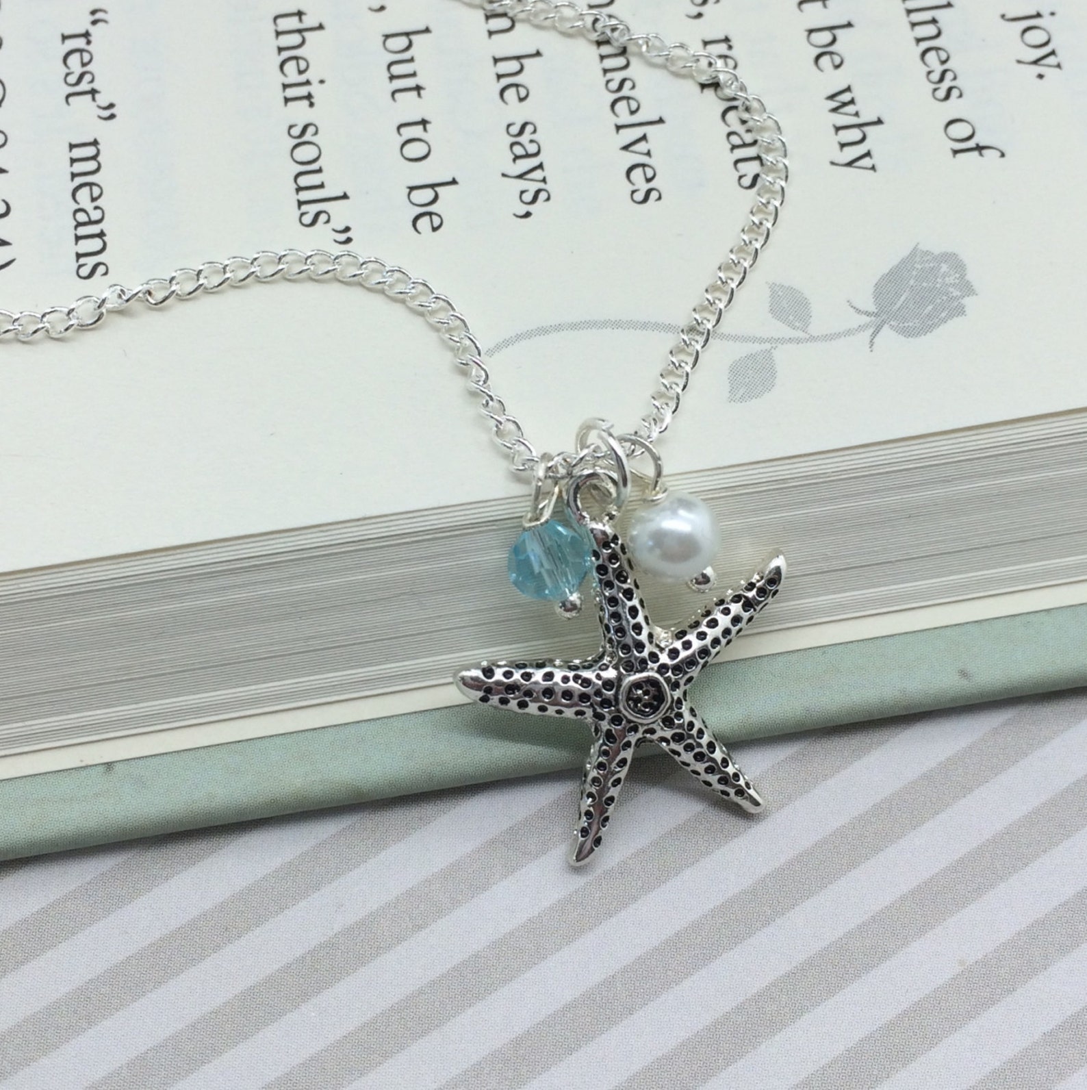 Starfish Necklace Silver Sea Star With Pearl and Blue Glass - Etsy
