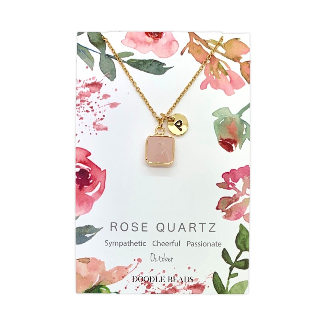Personalized Rose Quartz Birthstone Necklace, Gold Initial Charm & Card ...