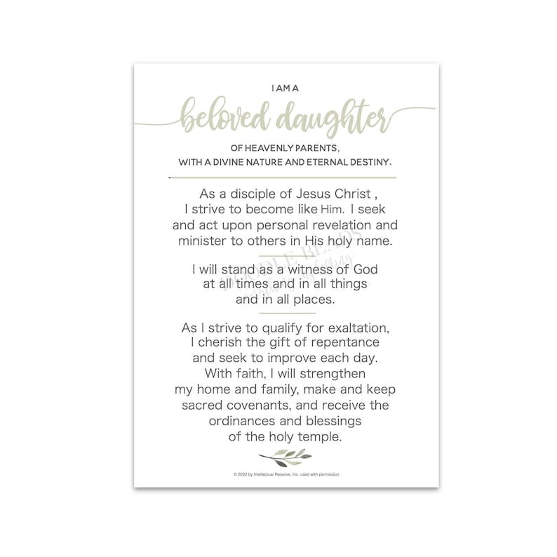 Young Women Theme, Beloved Daughter of God, New YW Theme Prints, LDS ...