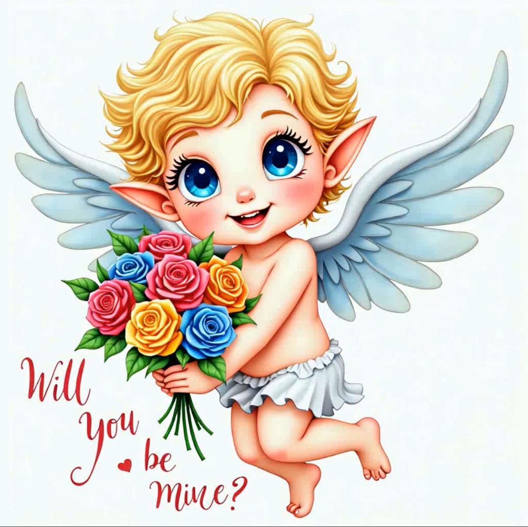 Digital Download Valentines Day Cupid With Roses Saying Will You Be ...
