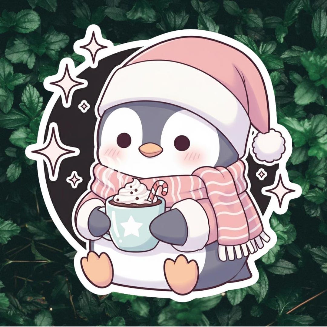 Kawaii Penguin Sticker | Winter Cocoa, Waterproof Vinyl - Etsy