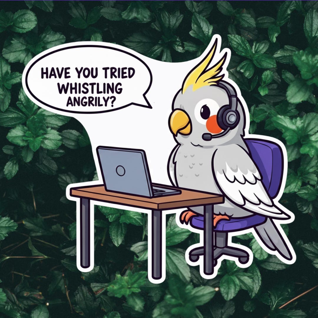 Funny Cockatiel Whistling Sticker: Angry Bird Tech Support Meme Vinyl ...
