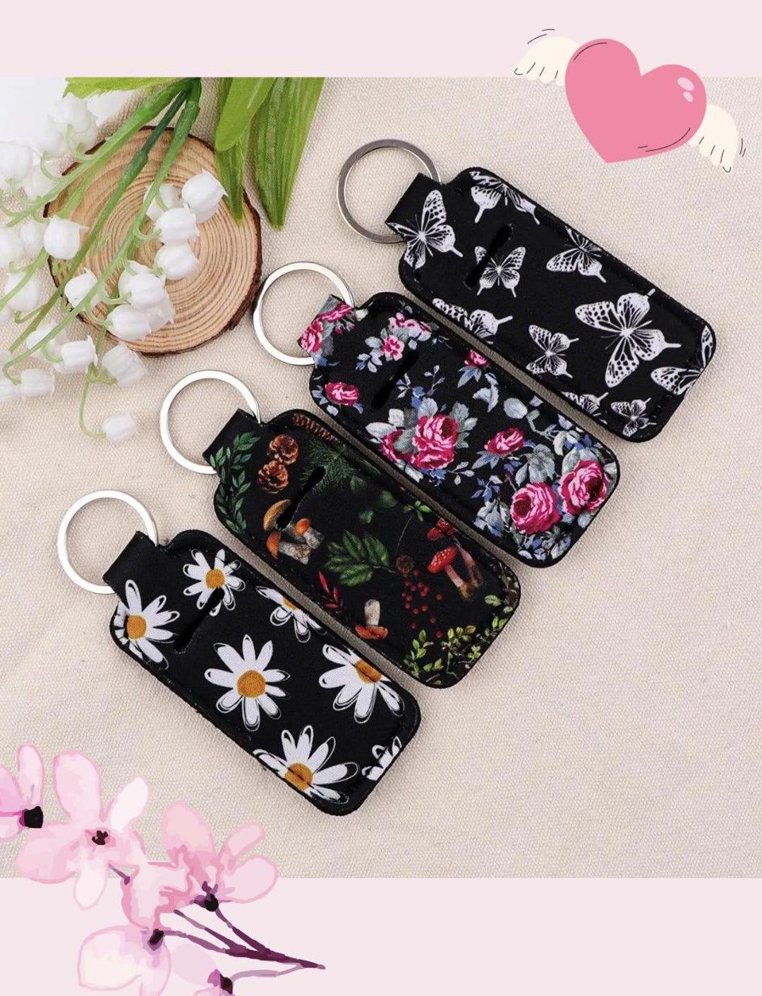 Butterfly Flowers Lipstick Holder Keychain Stainless Steel Lip Balm ...
