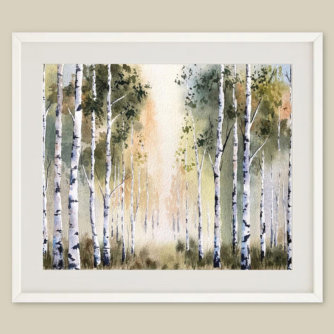 Birch and Aspen Trees Watercolor Painting: Forest Landscape Art Print ...