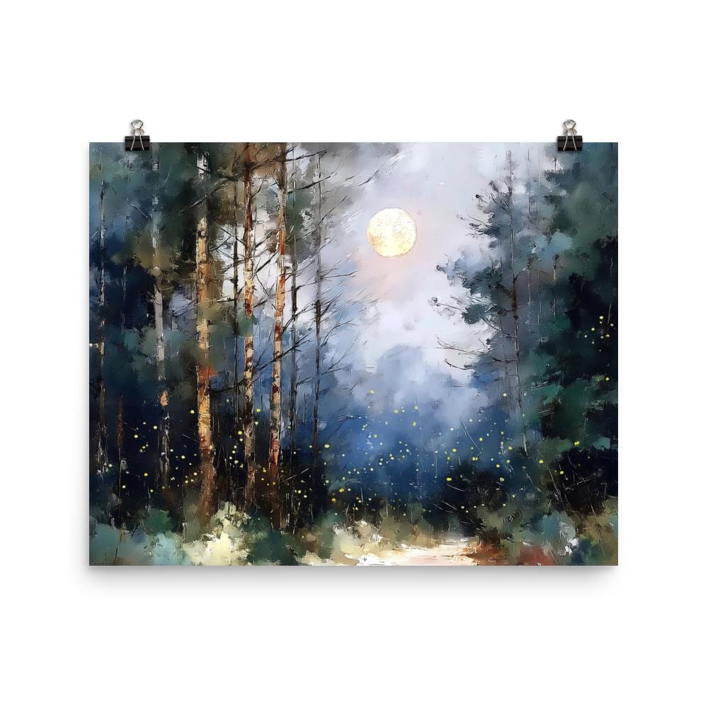 Moonlit Forest Art Print: Pine Trees, Fireflies, Misty Night Landscape ...