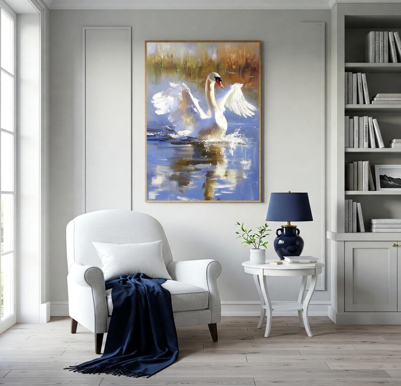 White Swan Lake Art Print: Rustic Bird Painting - Etsy
