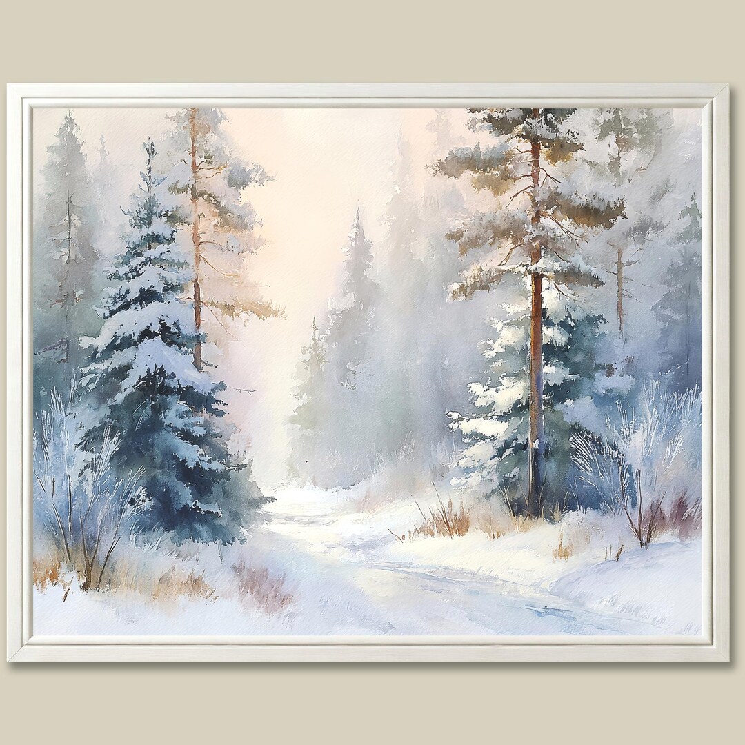 Winter Forest Path Art Print: Snowy Pines Watercolor, Vermont Landscape ...