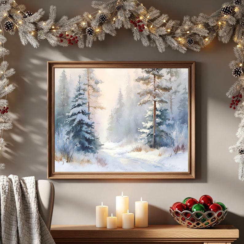 Winter Forest Path Art Print: Snowy Pines Watercolor, Vermont Landscape ...