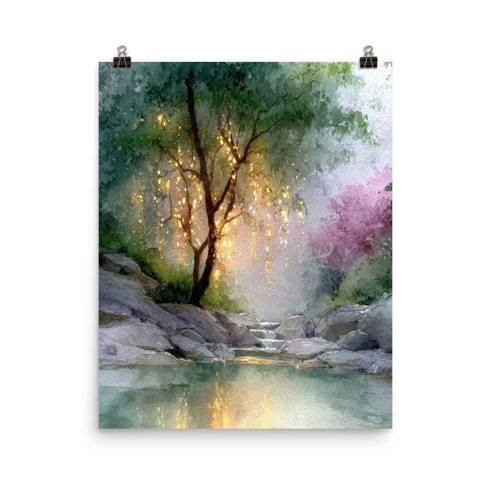 Magical Tree Watercolor Art Print Enchanted Forest Stream Landscape ...
