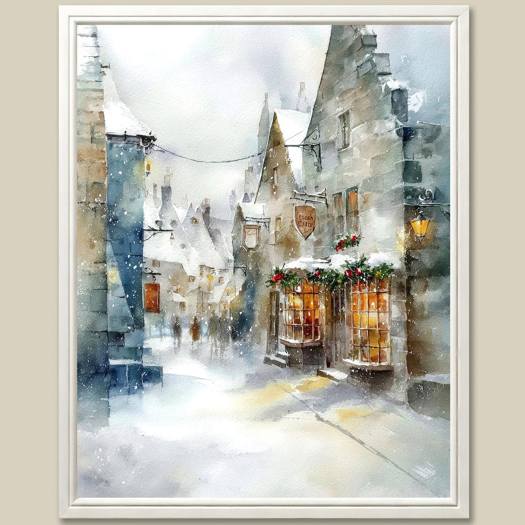 Snowy Christmas Village Watercolor Art Print: Winter Town Street - Etsy