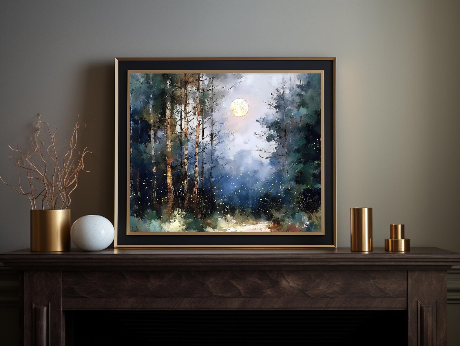 Moonlit Forest Art Print: Pine Trees, Fireflies, Misty Night Landscape ...
