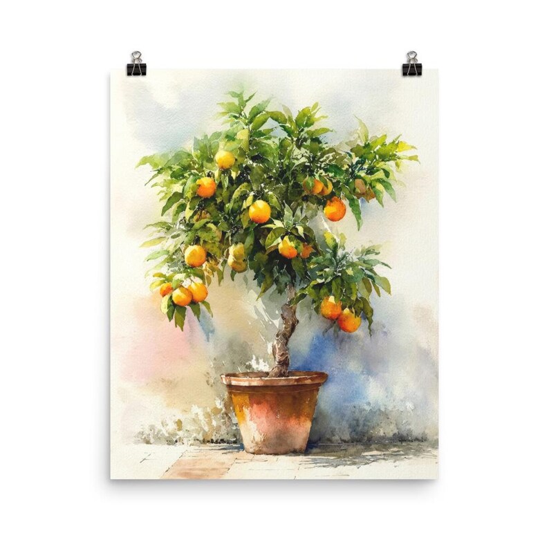 Orange Tree Art Print Potted Citrus Watercolor Painting Mediterranean ...
