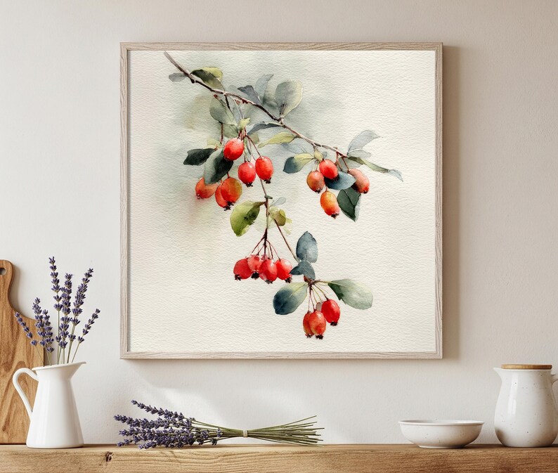 Barberry Branch Art Print Watercolor Painting Red Berries Botanical ...