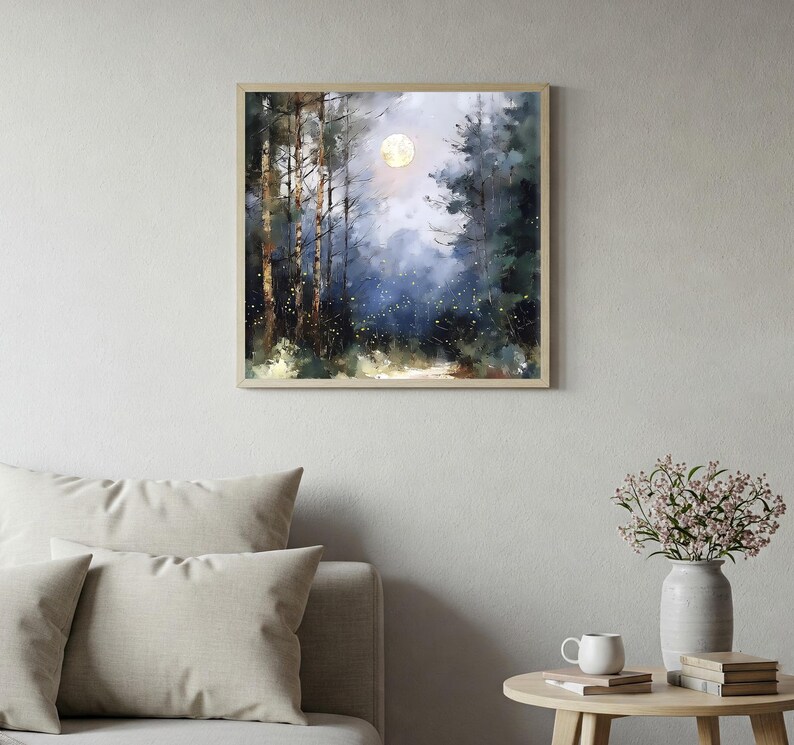 Moonlit Forest Art Print: Pine Trees, Fireflies, Misty Night Landscape ...