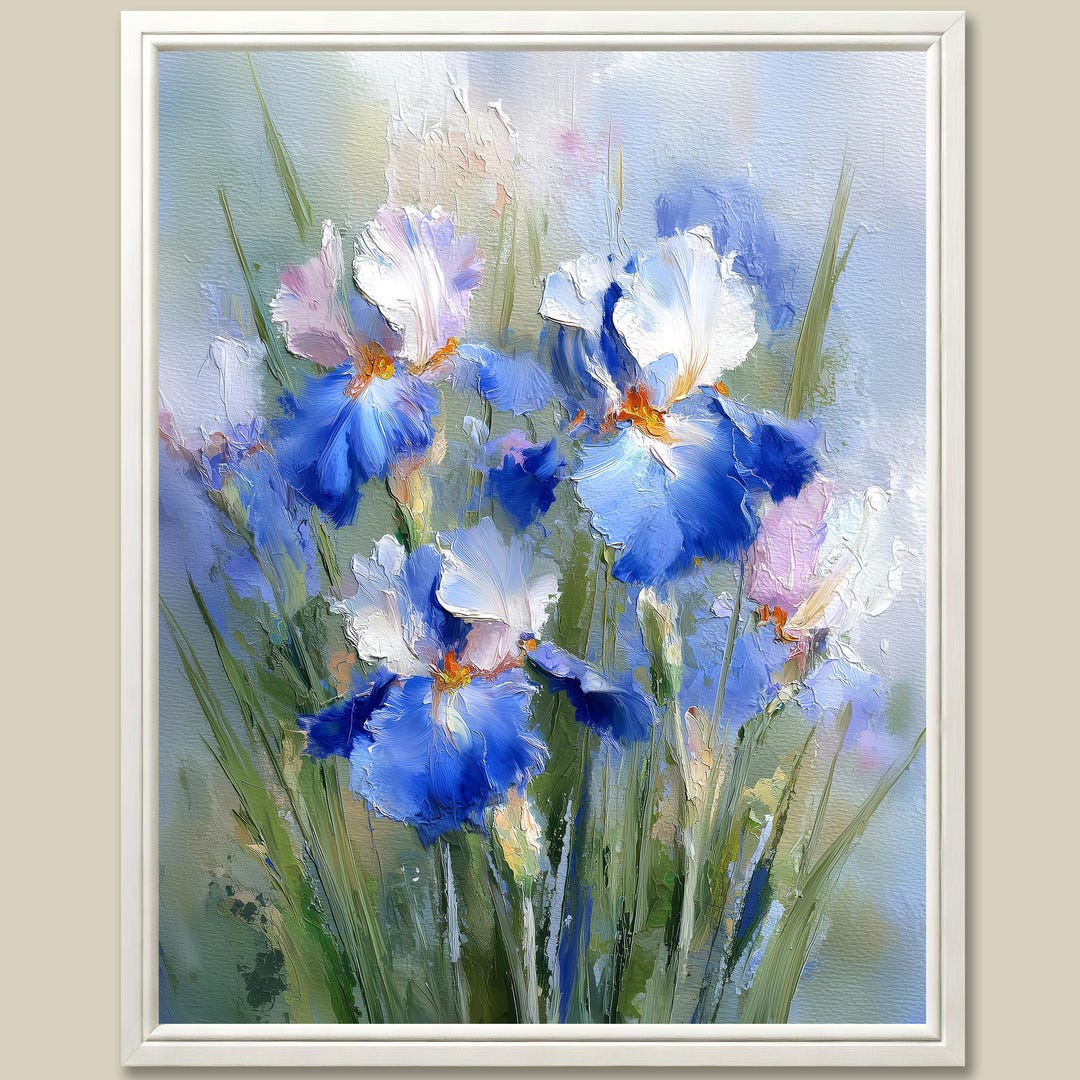Blue Iris Art Print Floral Bouquet Oil Painting Botanical Wall Art ...