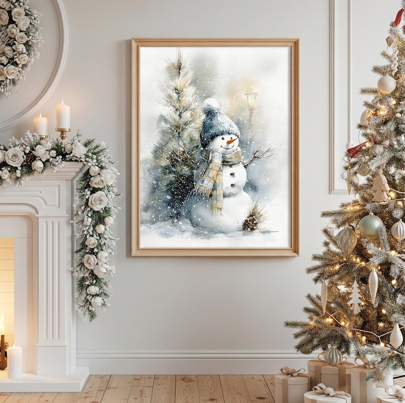 Snowman Christmas Watercolor Art Print: Vintage Winter Holiday Decor - Etsy