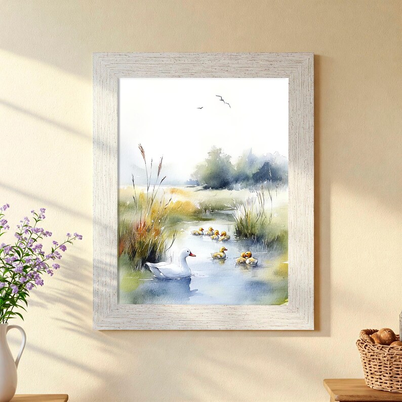 Duck Family Art Print Forest Stream Watercolor Painting Countryside ...