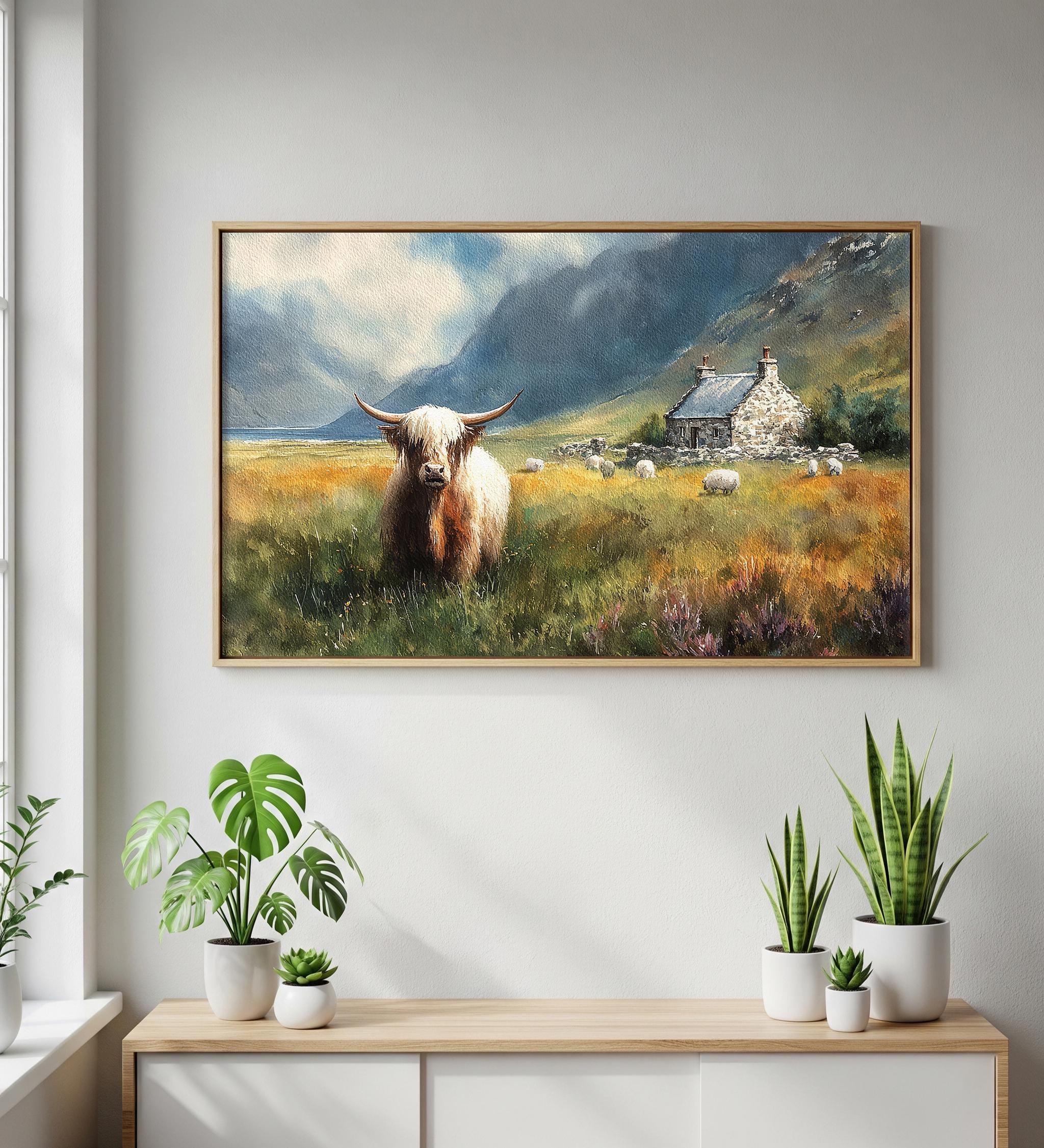 Highland Cow Art Print Scottish Cottage Watercolor Painting Grazing ...