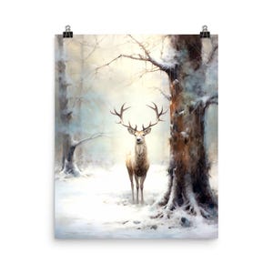 Deer Painting Winter Landscape Wall Art Snowy Forest Art Print Nature ...