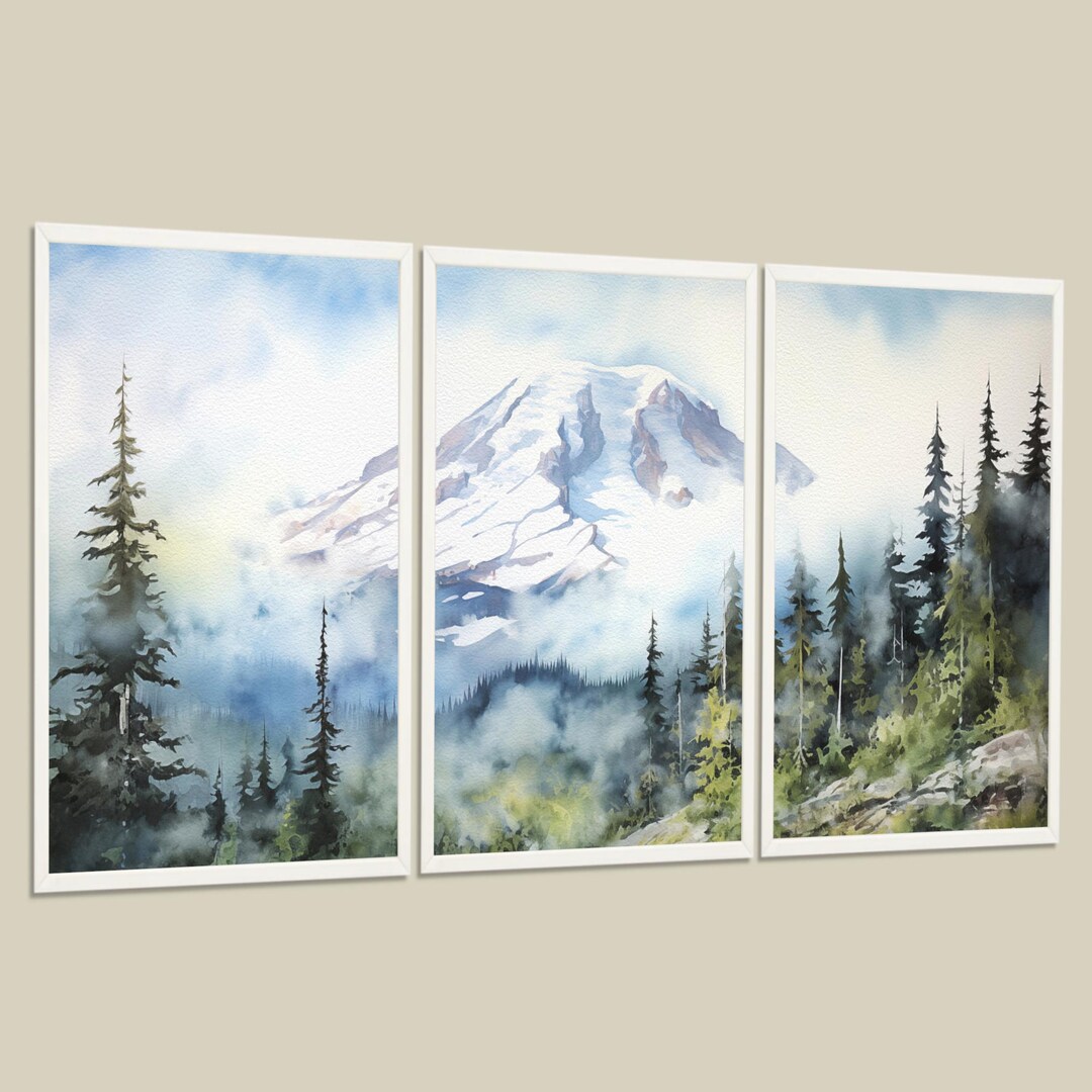 Mount Rainier Art Prints Set of 3 Washington National Park Watercolor ...