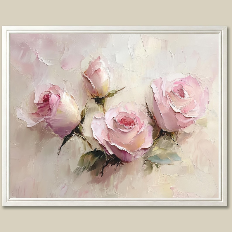 Pink Roses Art Print Oil Painting Blush Floral Bouquet Wall Art Vintage ...