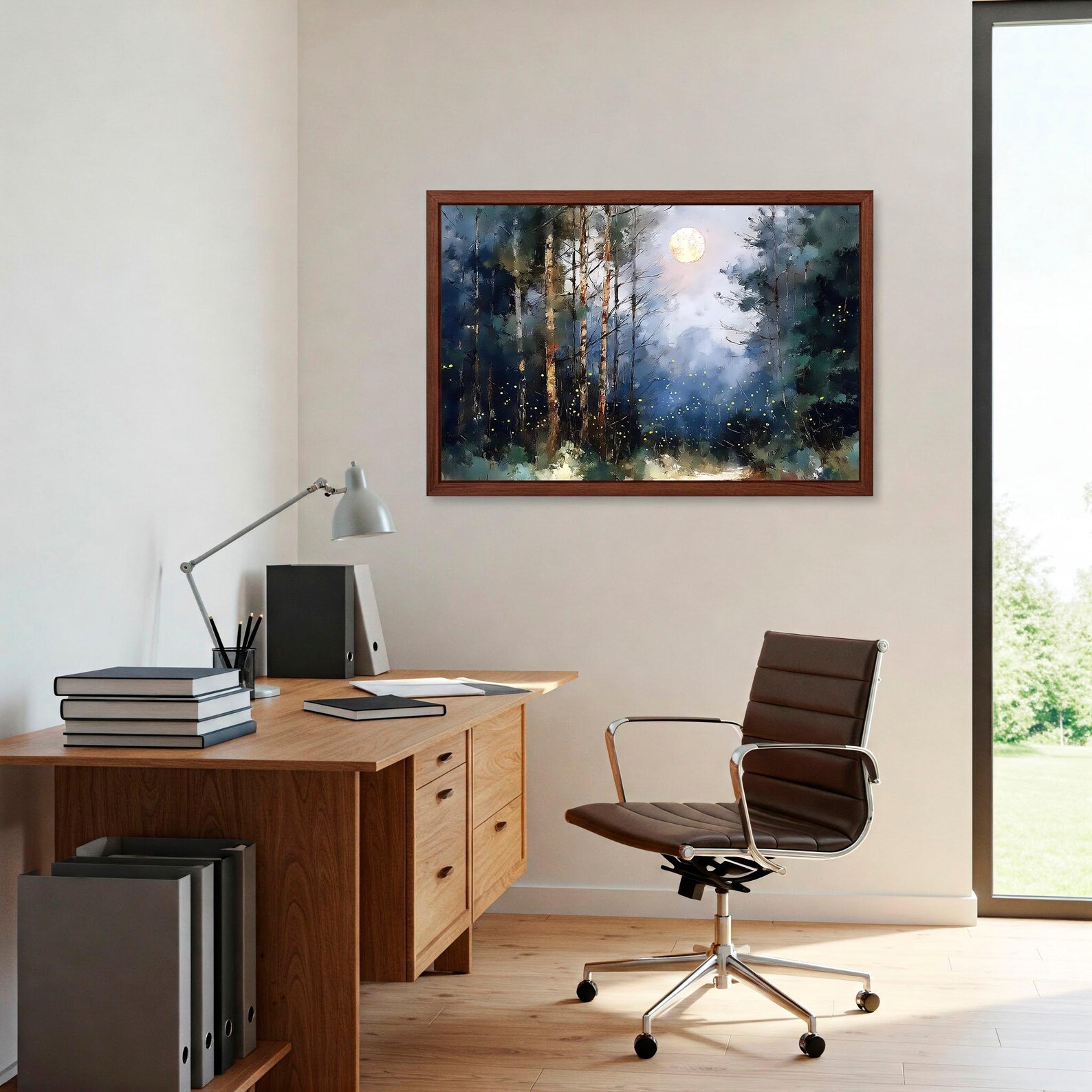 Moonlit Forest Art Print: Pine Trees, Fireflies, Misty Night Landscape ...