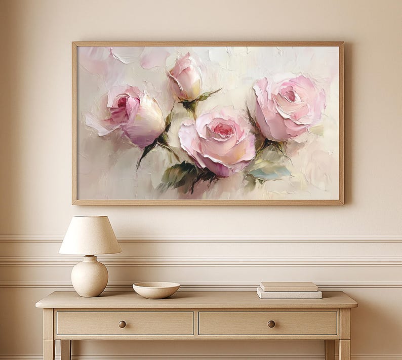 Pink Roses Art Print Oil Painting Blush Floral Bouquet Wall Art Vintage ...