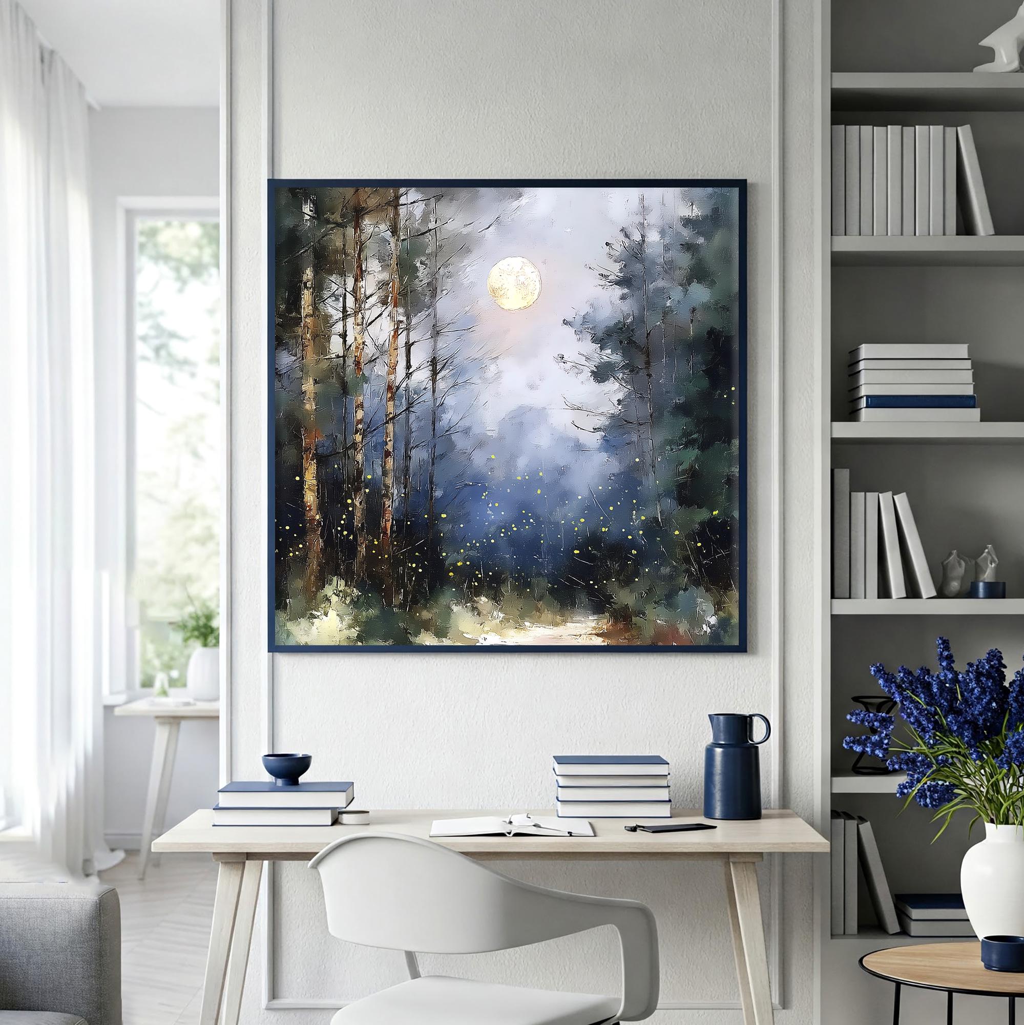 Moonlit Forest Art Print: Pine Trees, Fireflies, Misty Night Landscape ...