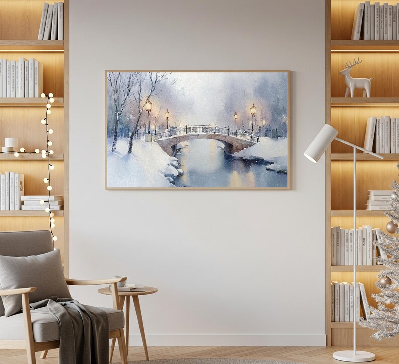 Winter Bridge Watercolor Print: Snowy European Park Lanterns - Etsy