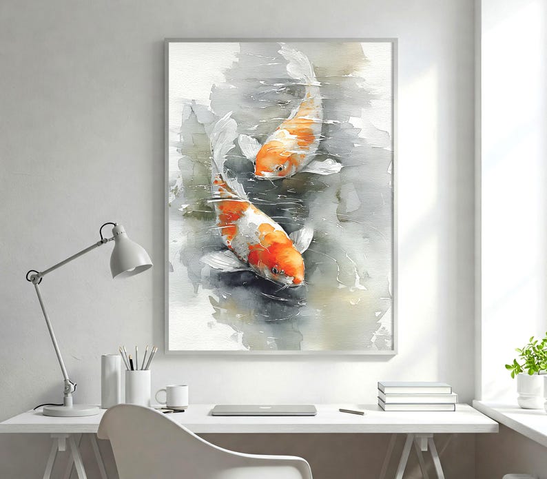 Koi Fish Art Print Pond Watercolor Painting Neutral Minimalist Wall Art ...